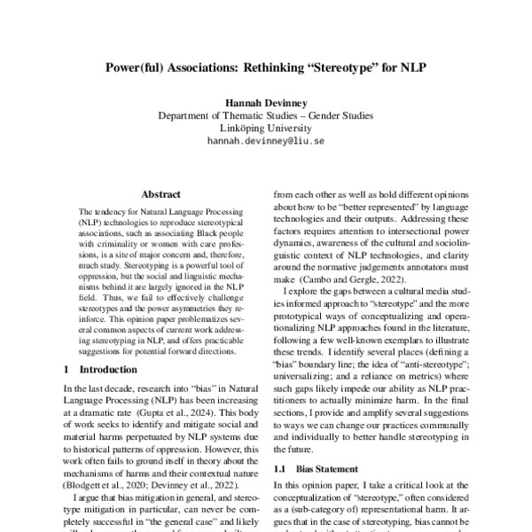 Power(ful) Associations: Rethinking “Stereotype” for NLP - ACL Anthology