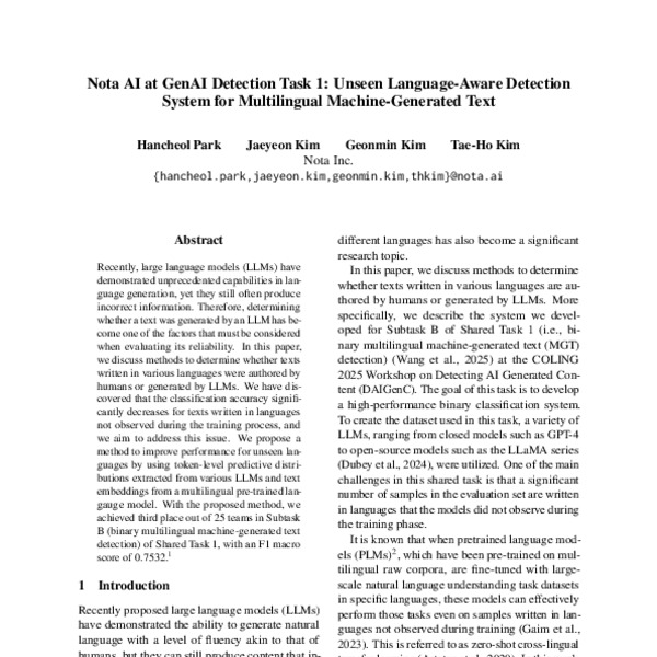 Nota AI at GenAI Detection Task 1: Unseen Language-Aware Detection System for Multilingual ...