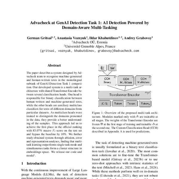 Advacheck at GenAI Detection Task 1: AI Detection Powered by Domain-Aware Multi-Tasking - ACL ...
