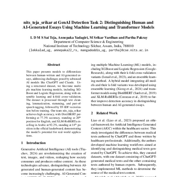 nits_teja_srikar at GenAI Detection Task 2: Distinguishing Human and AI-Generated Essays Using ...