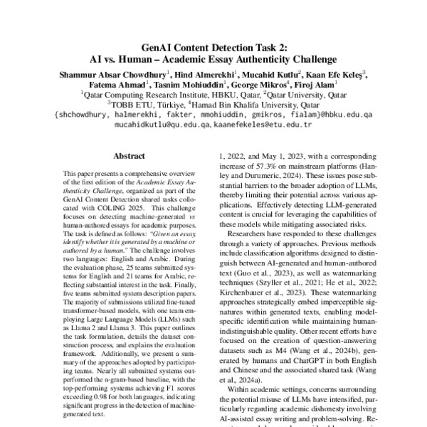 GenAI Content Detection Task 2: AI vs. Human – Academic Essay Authenticity Challenge - ACL Anthology