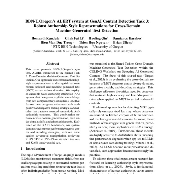 BBN-U.Oregon’s ALERT system at GenAI Content Detection Task 3: Robust Authorship Style ...