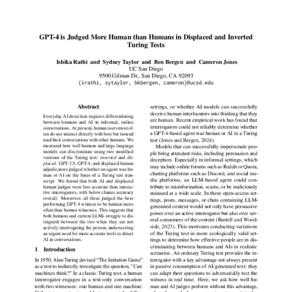 GPT-4 is Judged More Human than Humans in Displaced and Inverted Turing ...
