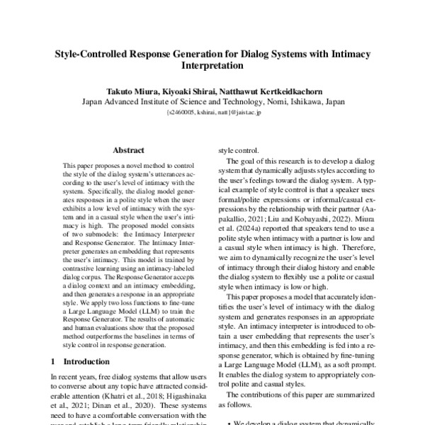 Style-Controlled Response Generation for Dialog Systems with Intimacy ...
