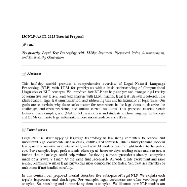 Tutorial on Trustworthy Legal Text Processing with LLMs: Retrieval ...