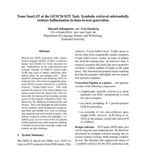 Team SaarLST at the GEM’24 D2T Task: Symbolic retrieval substantially ...