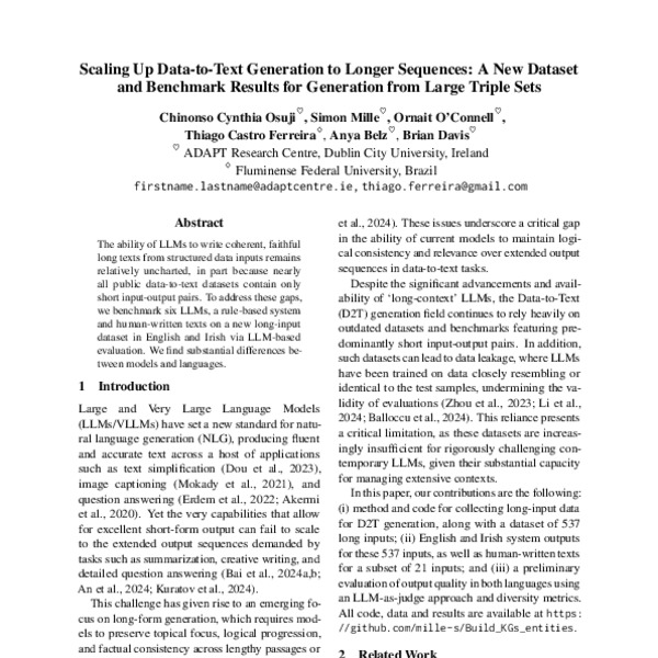 Scaling Up Data-to-Text Generation to Longer Sequences: A New Dataset and Benchmark Results for ...