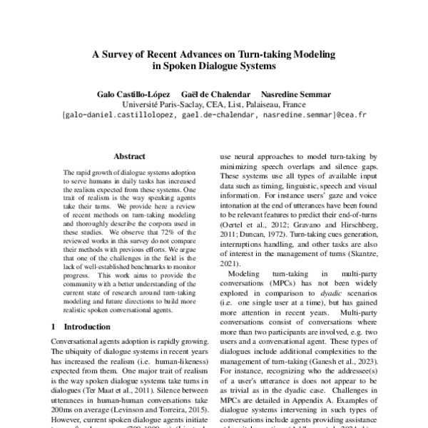 A Survey of Recent Advances on Turn-taking Modeling in Spoken Dialogue Systems - ACL Anthology