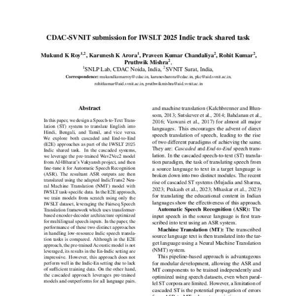 CDAC-SVNIT submission for IWSLT 2025 Indic track shared task - ACL Anthology