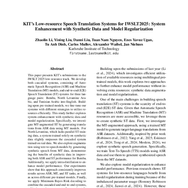 KIT’s Low-resource Speech Translation Systems for IWSLT2025: System Enhancement with Synthetic ...