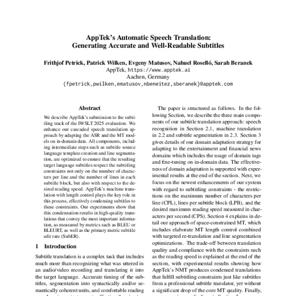 AppTek’s Automatic Speech Translation: Generating Accurate and Well-Readable Subtitles - ACL ...