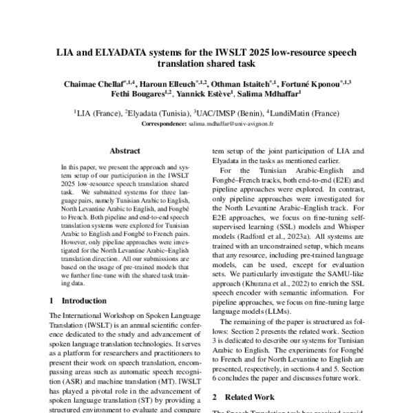 LIA and ELYADATA systems for the IWSLT 2025 low-resource speech translation shared task - ACL ...