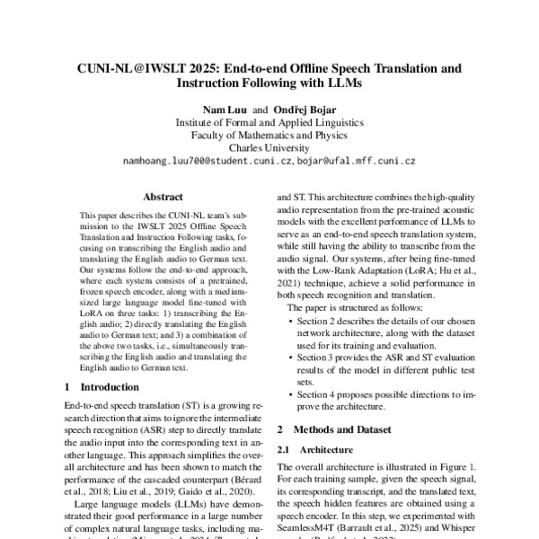 CUNI-NL@IWSLT 2025: End-to-end Offline Speech Translation and Instruction Following with LLMs ...