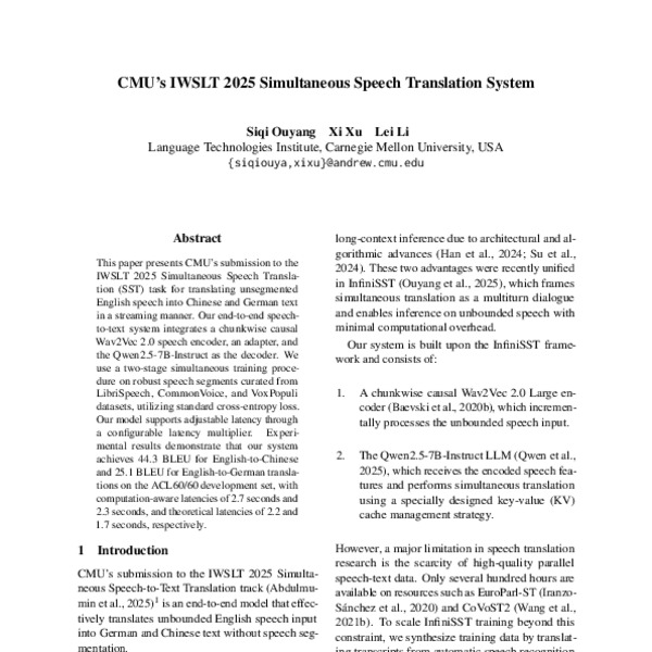 CMU’s IWSLT 2025 Simultaneous Speech Translation System - ACL Anthology