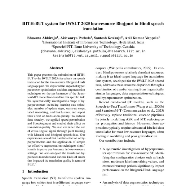 IIITH-BUT system for IWSLT 2025 low-resource Bhojpuri to Hindi speech translation - ACL Anthology