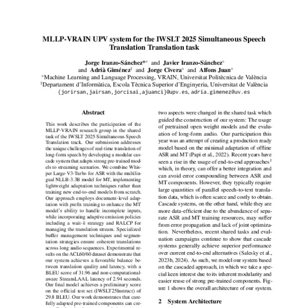 MLLP-VRAIN UPV system for the IWSLT 2025 Simultaneous Speech Translation Translation task - ACL ...