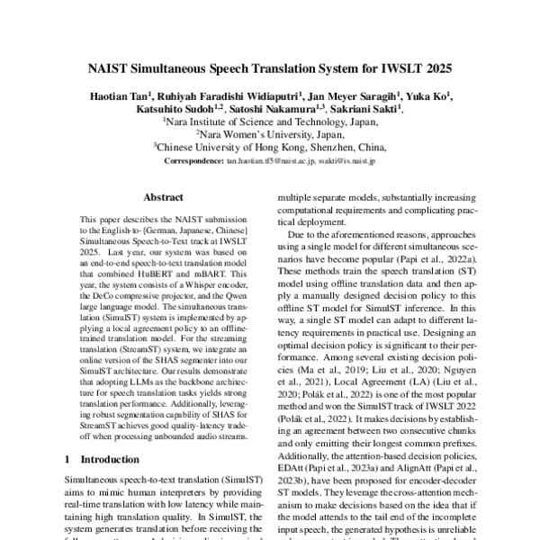 NAIST Simultaneous Speech Translation System for IWSLT 2025 - ACL Anthology