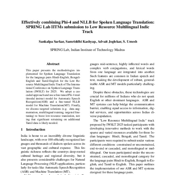 Effectively combining Phi-4 and NLLB for Spoken Language Translation: SPRING Lab IITM’s ...