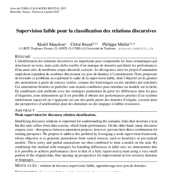 Supervision faible pour la classification des relations discursives ...