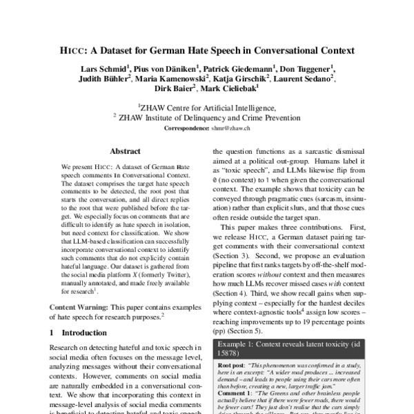 HICC: A Dataset for German Hate Speech in Conversational Context - ACL ...