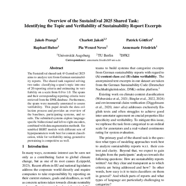 Overview of the SustainEval 2025 Shared Task: Identifying the Topic and Verifiability of ...