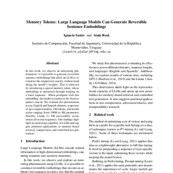 Memory Tokens: Large Language Models Can Generate Reversible Sentence ...