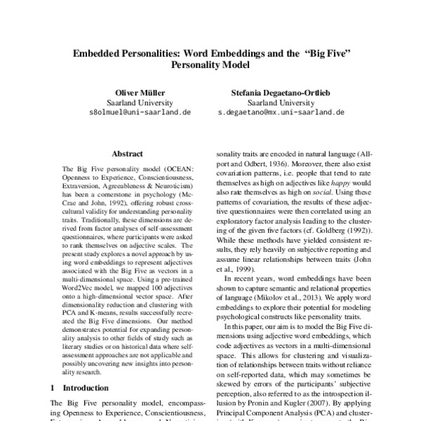 Embedded Personalities: Word Embeddings and the “Big Five” Personality ...
