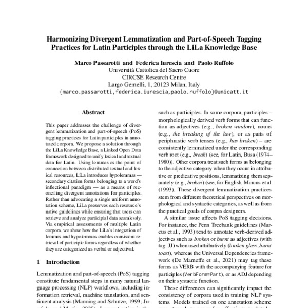 Harmonizing Divergent Lemmatization and Part-of-Speech Tagging Practices for Latin Participles ...