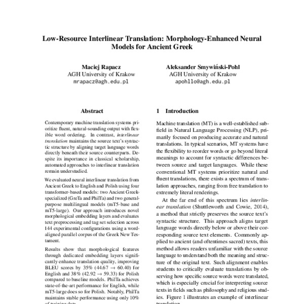 Low-Resource Interlinear Translation: Morphology-Enhanced Neural Models for Ancient Greek - ACL ...