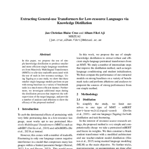Extracting General-use Transformers for Low-resource Languages via Knowledge Distillation - ACL ...