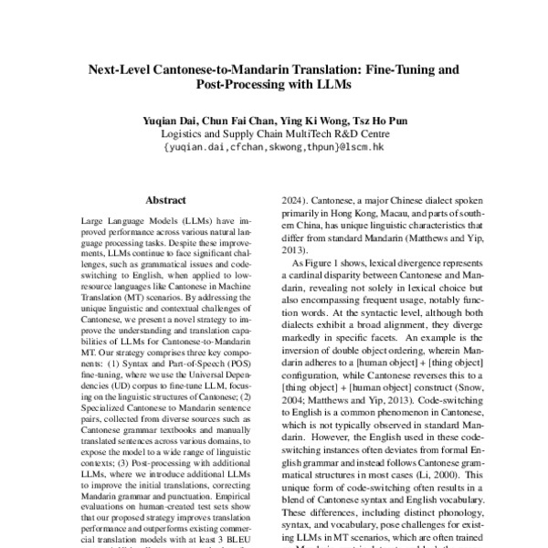 Next-Level Cantonese-to-Mandarin Translation: Fine-Tuning and Post ...