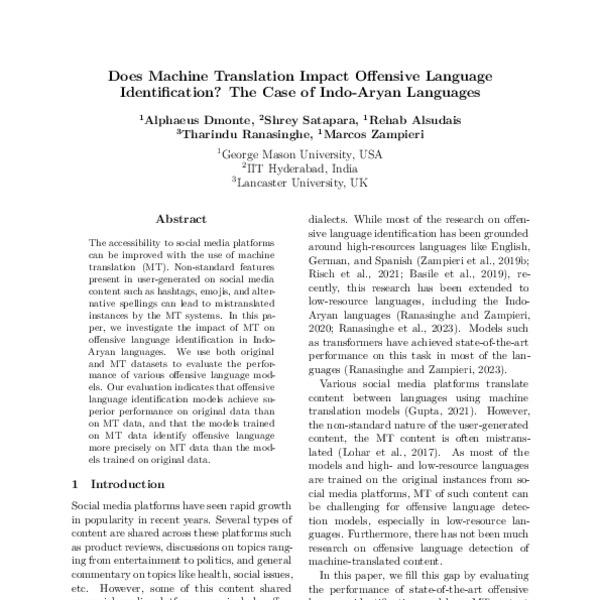 Does Machine Translation Impact Offensive Language Identification? The Case of Indo-Aryan ...