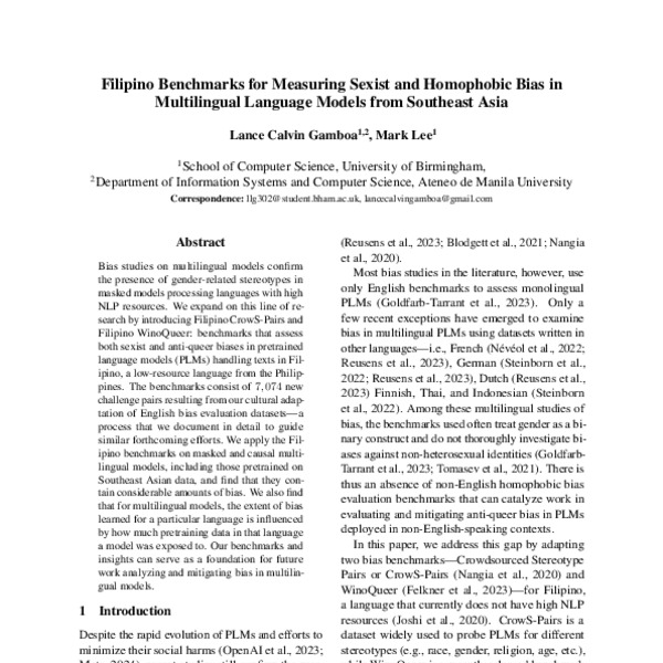 Filipino Benchmarks for Measuring Sexist and Homophobic Bias in Multilingual Language Models ...