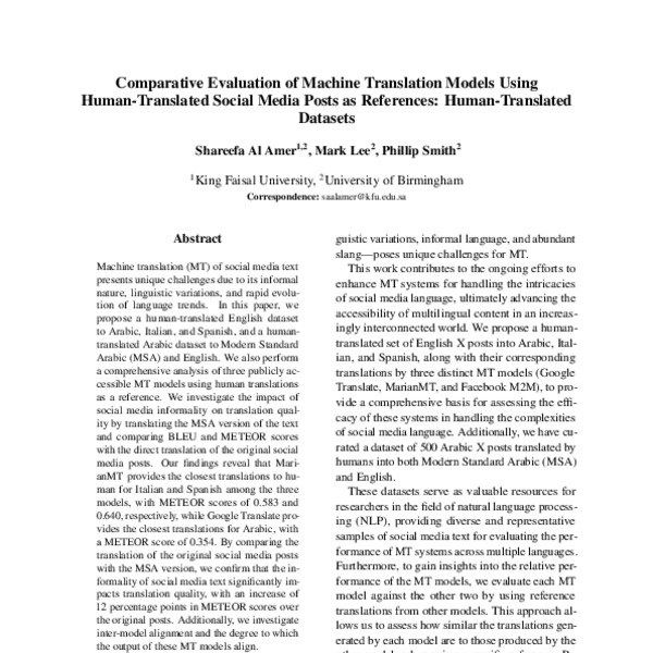 Comparative Evaluation of Machine Translation Models Using Human ...