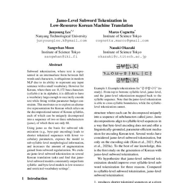 Jamo-Level Subword Tokenization in Low-Resource Korean Machine Translation - ACL Anthology