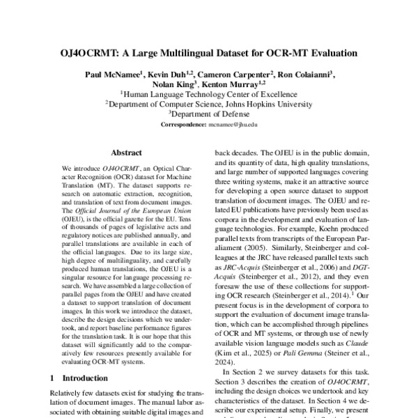 OJ4OCRMT: A Large Multilingual Dataset for OCR-MT Evaluation - ACL ...