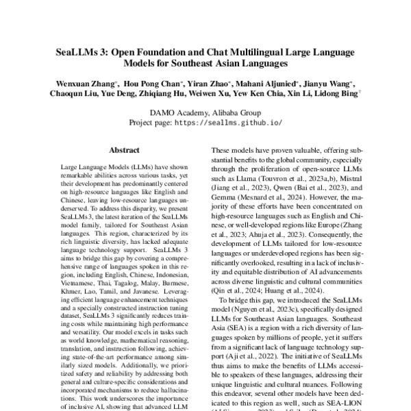 SeaLLMs 3: Open Foundation and Chat Multilingual Large Language Models for Southeast Asian ...