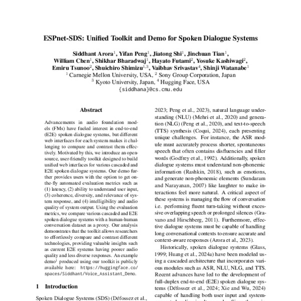 ESPnet-SDS: Unified Toolkit and Demo for Spoken Dialogue Systems - ACL Anthology