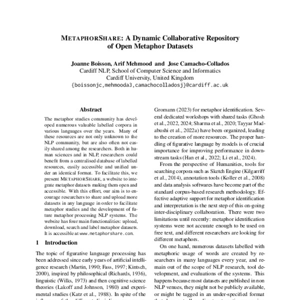 METAPHORSHARE: A Dynamic Collaborative Repository of Open Metaphor Datasets - ACL Anthology