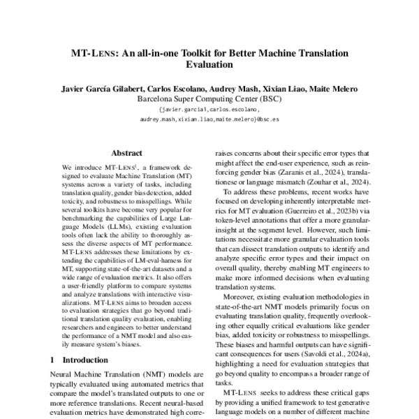 MT-LENS: An all-in-one Toolkit for Better Machine Translation Evaluation - ACL Anthology