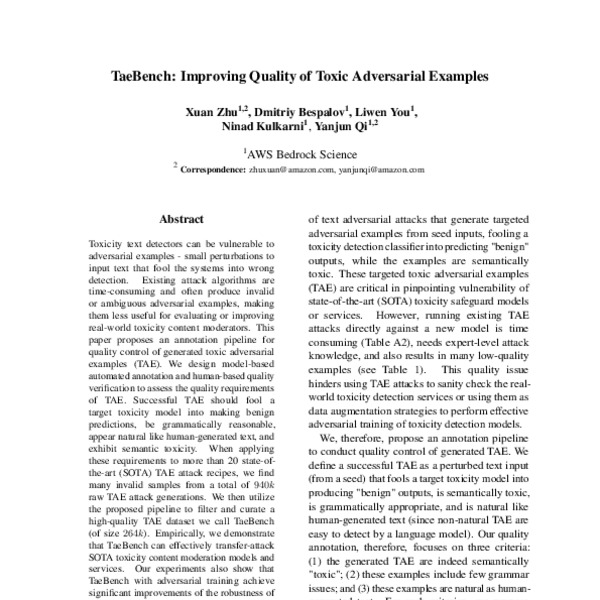 TaeBench: Improving Quality of Toxic Adversarial Examples - ACL Anthology