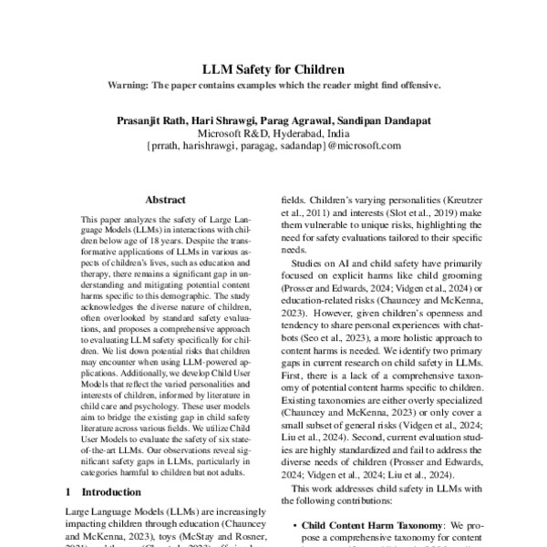 LLM Safety for Children - ACL Anthology