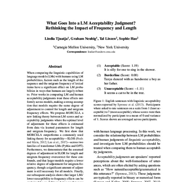 What Goes Into a LM Acceptability Judgment? Rethinking the Impact of Frequency and Length - ACL ...