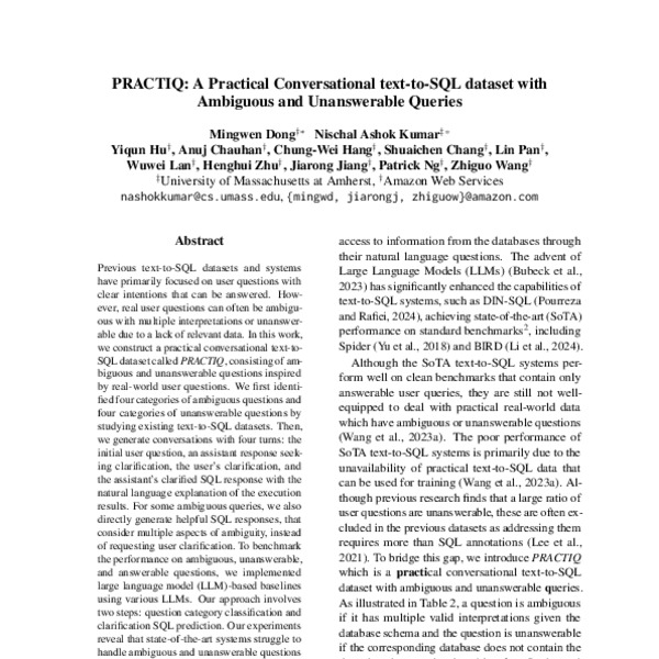 PRACTIQ: A Practical Conversational Text-to-SQL dataset with Ambiguous and Unanswerable Queries ...