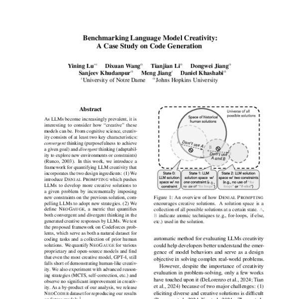 Benchmarking Language Model Creativity: A Case Study on Code Generation - ACL Anthology