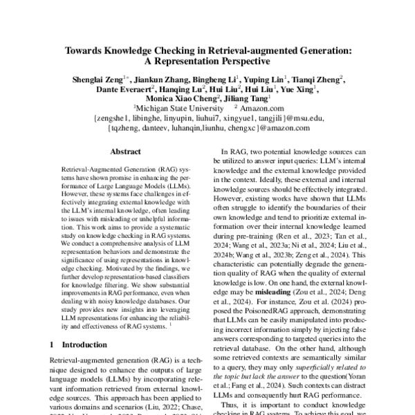 Towards Knowledge Checking In Retrieval Augmented Generation A Representation Perspective Acl