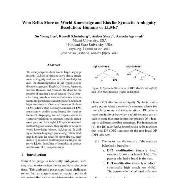 Who Relies More on World Knowledge and Bias for Syntactic Ambiguity Resolution: Humans or LLMs ...