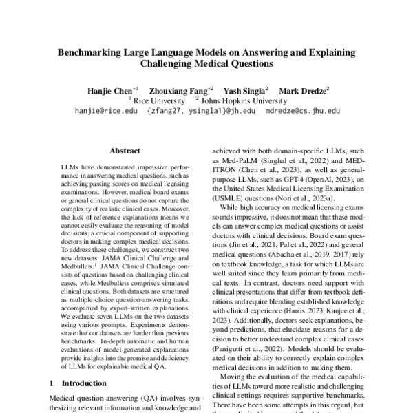 Benchmarking Large Language Models on Answering and Explaining Challenging Medical Questions ...