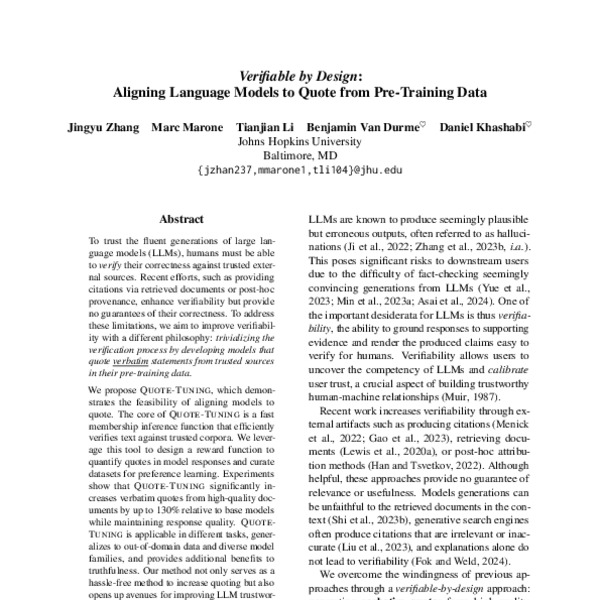 Verifiable by Design: Aligning Language Models to Quote from Pre-Training Data - ACL Anthology
