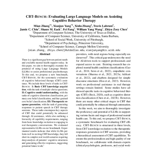 CBT-Bench: Evaluating Large Language Models on Assisting Cognitive ...